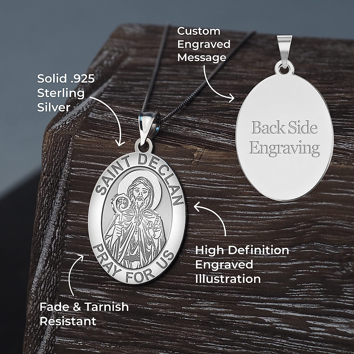 PicturesOnGold.com Saint Declan Oval Religious Medal EXCLUSIVE - Sterling Silver, 1/2 x 2/3 Inch Size of Dime With Engraving - Protection Jewelry Christian Gifts for Men & Women