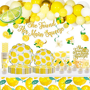 Fiesec Lemon Bridal Shower Decorations, Lemon Bachelorette Party Supplies, Hanging Swirl Balloon She Found Her Main Squeeze Glitter Banner Tablecloth Plate Napkin Cup Cake Topper Gold Yellow
