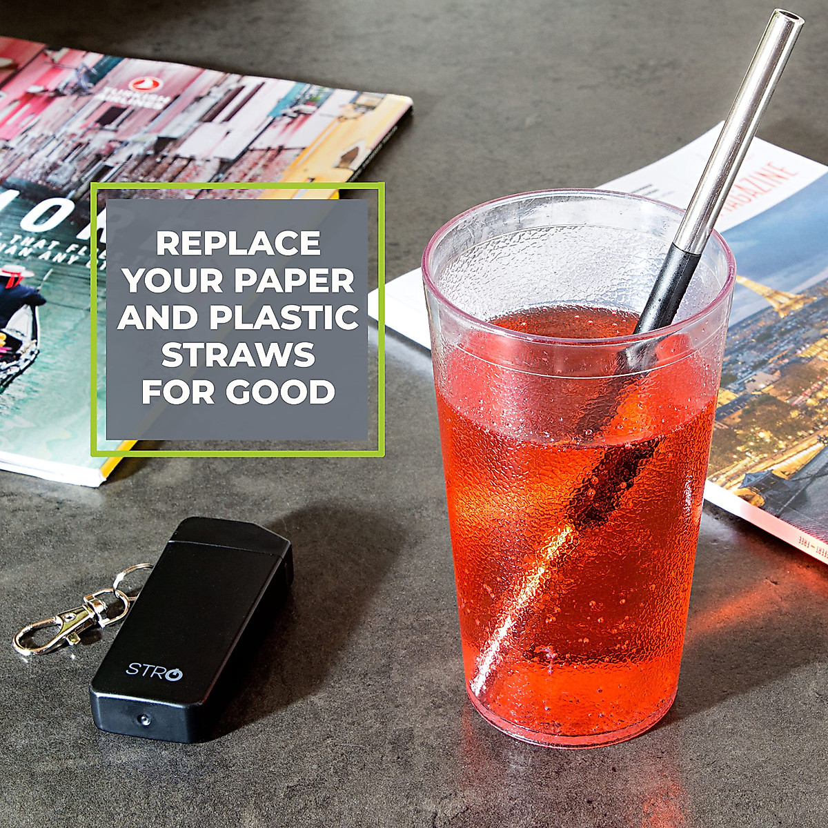 STRO Portable Reusable Metal Straw with Travel Case & Built-in Cleaning Brush, Stainless Steel Straws Drinking Straw for 20 and 30 oz Tumblers, Cans, Bottles, Cups