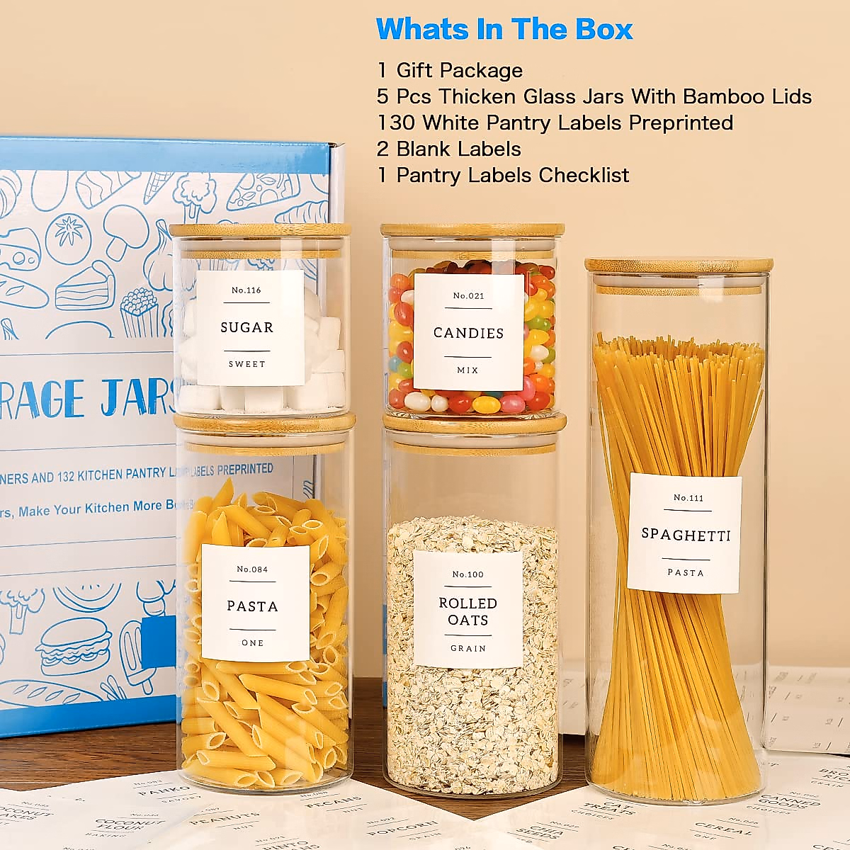 5 Pcs Glass Food Storage Containers With 132 Pantry Labels Preprinted - Thicken(3mm) Jars Airtight Bamboo Lid Stackable Kitchen Canisters Set For Candy, Cookie, Rice, Sugar, Flour