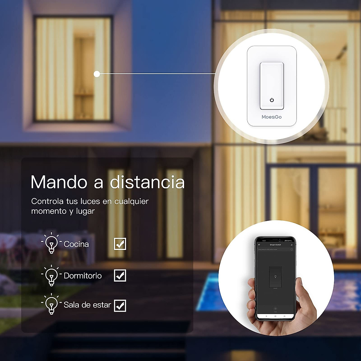 MoesGo WiFi Smart Single Fire Wall Light Switch,No Neutral Wire Need, Single Pole, Smart Life/Tuya Remote Control,No Capacitor Required, Work with Alexa and Google Home Assistant 110V Minimum 7w White