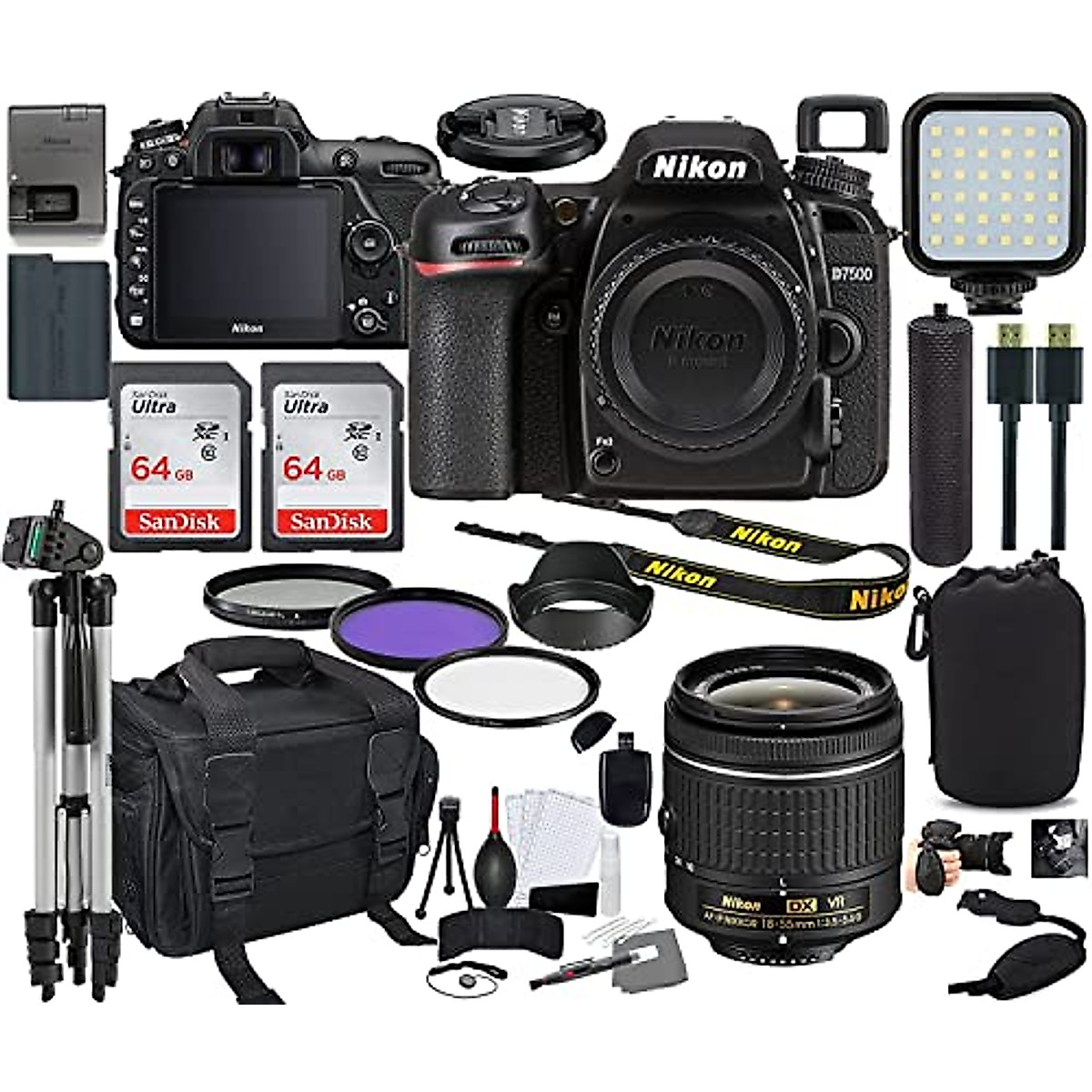 Nikon D7500 DSLR Camera with 18-55mm Lens Bundle + Prime Accessory Kit Including 128GB Memory, Light, Camera Case, Hand Grip & More (Renewed)