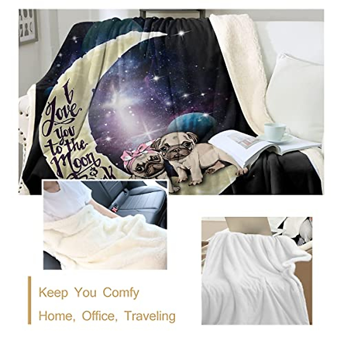 Sleepwish Galaxy Puppy Blanket Cute Pug on The Moon Valentine's Day Sherpa Blanket to The Moon and Back Pug Cozy Comfort Sherpa Blanket (Black, Throw 50"x60")