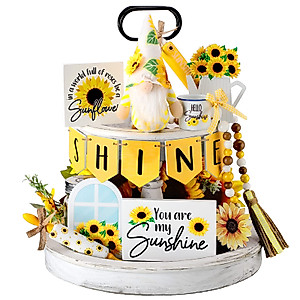 9 Pcs Summer Tiered Tray Decor Farmhouse Wood Tiered Tray Decor Mini Coffee Mug Bead Garland Banner for Home Decor (Sunflower Style)