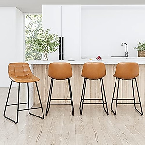 LUE BONA Counter Height Bar Stools, Indoor/Outdoor Mid Century Modern Upholstered Checkered Pattern Leather Dining Chair with Metal Legs, 24" Bar Stools Set of 4, for Kitchen Island, Whiskey Brown