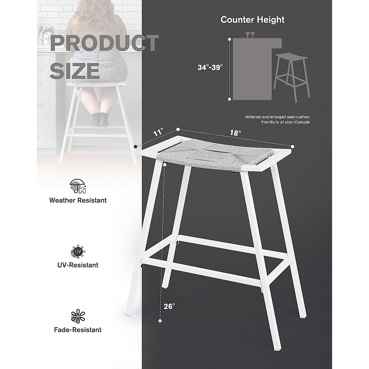 OYODHPDU Bar Stools Set of 2- Wicker Counter Bar Height Stools- 26" Backless Outdoor Bar Stools- Bar Stools for Kitchen Island, Modern Bar stools with Metal Legs- White,2 pcs
