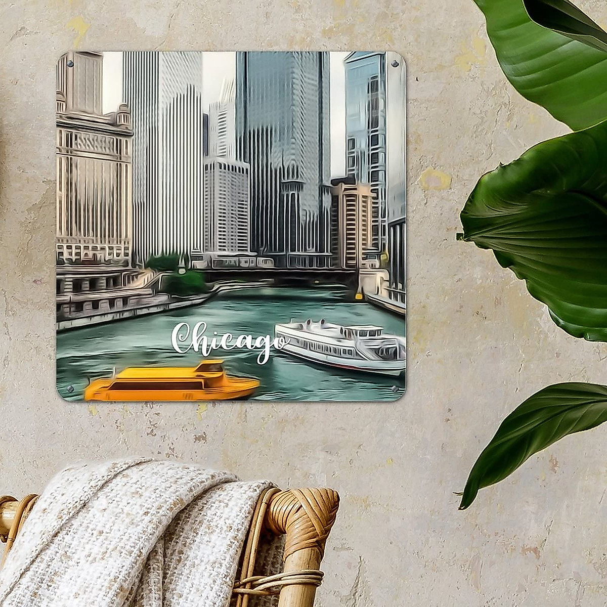 WoGuangis USA City Chicago Metal Plaque Tin Sign American Cities in Illinois States Street Hanging Sign Travel Gift Souvenir Aluminum Art Signs Quality Metal Sign for Front Porch Garden 12x12in