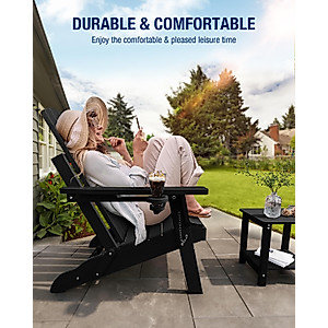 POWERWOOD Folding Adirondack Chair Wood Texture, HDPE Higher Back Plastic Adirondack Chairs with Cup Holder, Weather Resistant Composite Chair for Outdoor, Patio, Lawn, Garden, Fire Pit Chairs (Black)