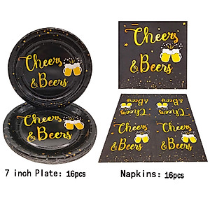 Cheers Beers Birthday Party Supplies,Black and Gold Tablewares(Plates and Napkins),Cheers Beers and Beer Mugs Design Perfect for Graduation Wedding Anniversary Christmas Party Supplies (16 Guest)