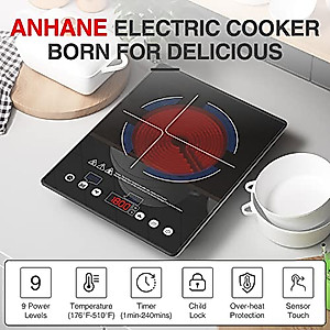 ANHANE 1800W Electric Hot Plate Single Burner,Portable Electric Stove for Cooking,Infrared Burner,4-Hour Setting,Black Crystal Glass Surface Compatible for All Cookware