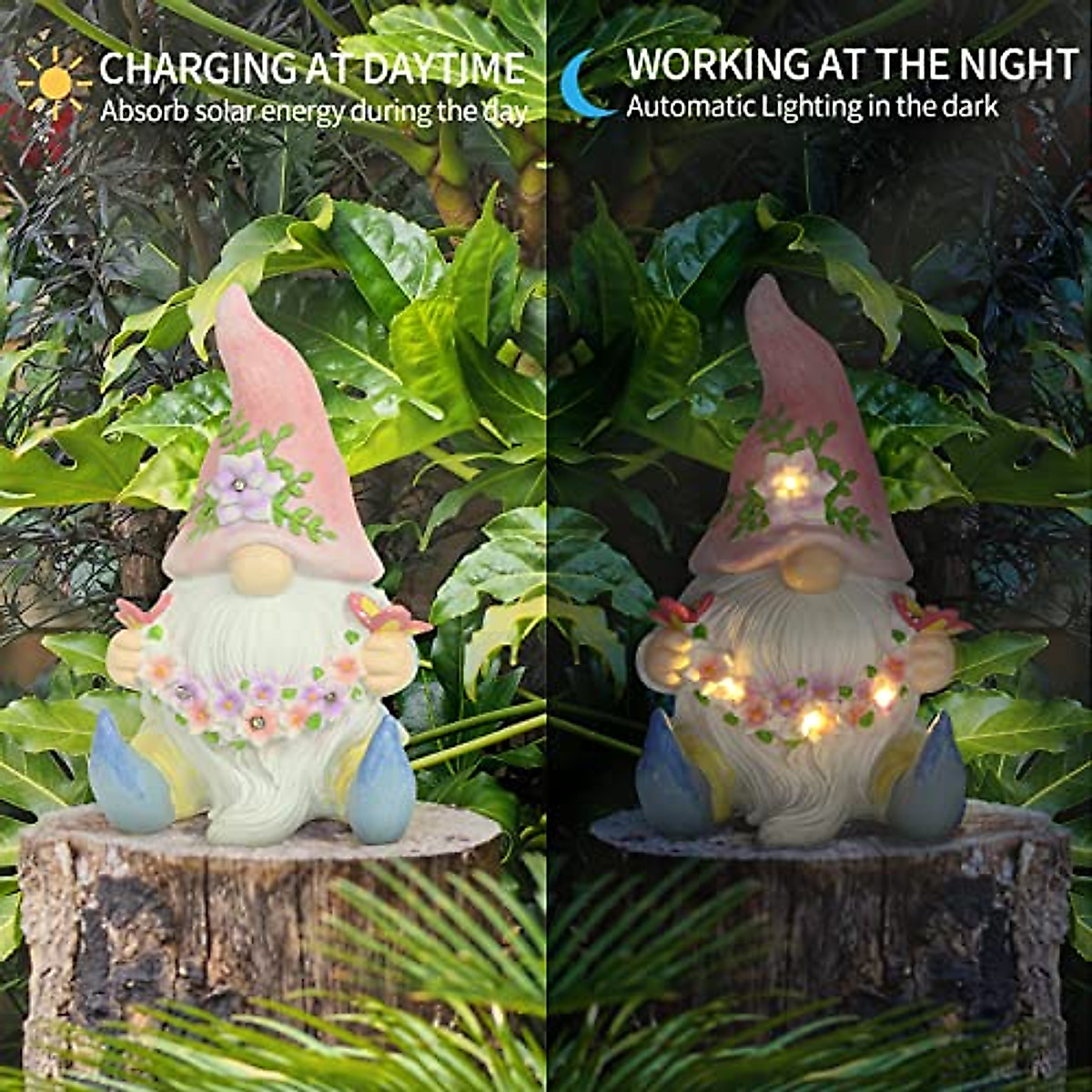 Sinhra Garden Gnome Statue,Resin Gnome Figurine Holding Butterfly with Solar LED Lights, Outdoor Statues Garden Decor for Patio Yard Lawn Porch, Gardening Gifts