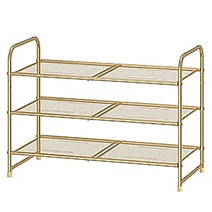 Simple Trending 3-Tier Stackable Shoe Rack, Expandable & Adjustable Shoe Shelf Storage Organizer, Metal Mesh, Gold