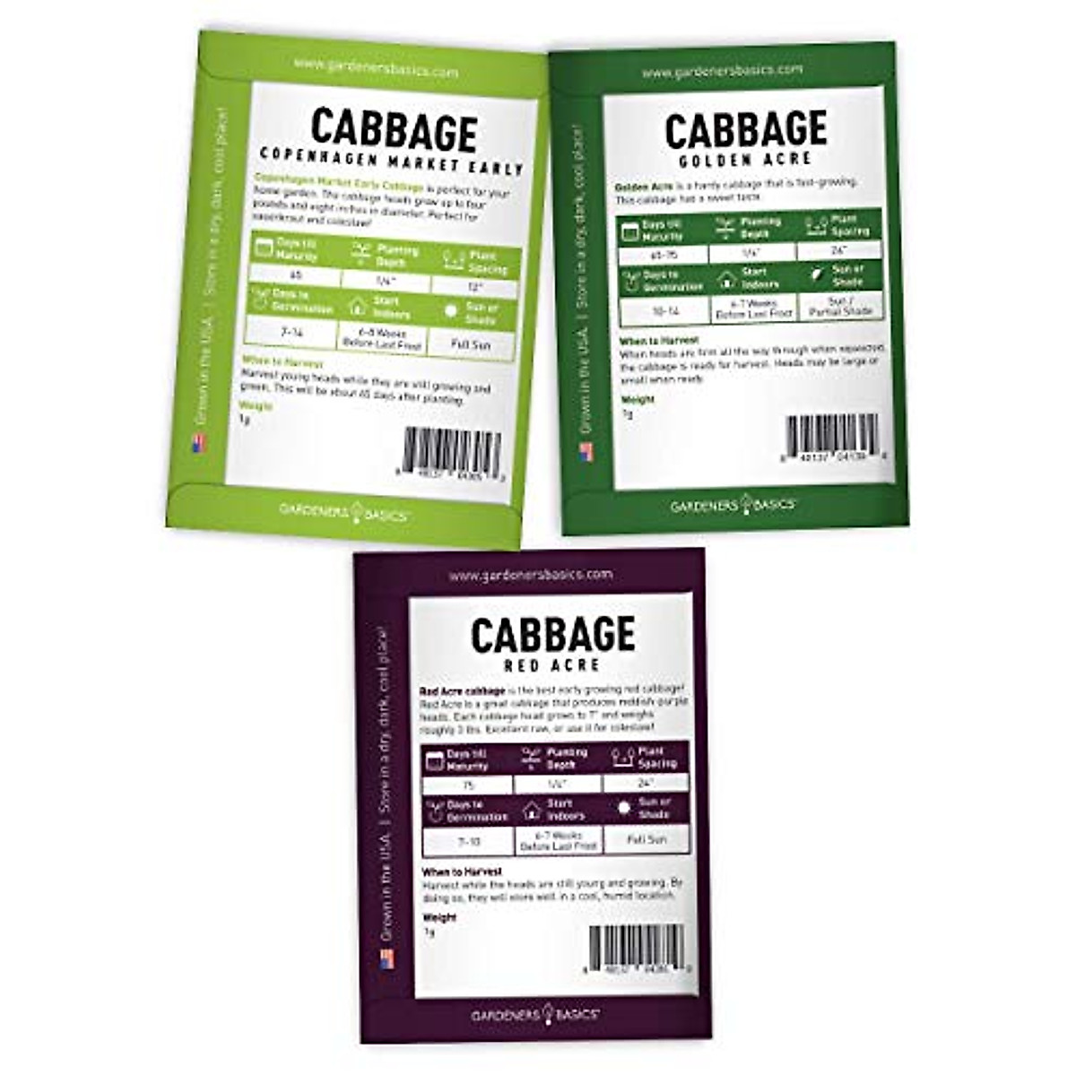 Cabbage Seeds for Planting 5 Individual Packets Bok Choy, Michihili (Napa) Chinese Cabbage, Red, Golden Acre and Copenhagen Market Early for Your Non GMO Heirloom Vegetable Garden by Gardeners Basics