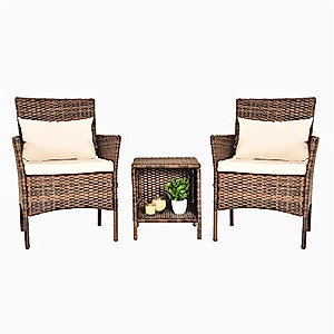 Tappio 3 Pieces Patio Furniture Set Outdoor Bistro Sets All Weather Patio Conversation Sets PE Rattan Wicker Chairs with Cushions and Pillows Beige