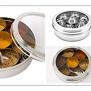 King International Stainless Steel Indian Spice Box, Indian See Through Masala Dabba, Masala Box,Steel Masala Dabba, Indian Spice Container, with 7 Spice containers Size 20 X 20 x 8 cm, Set of 9