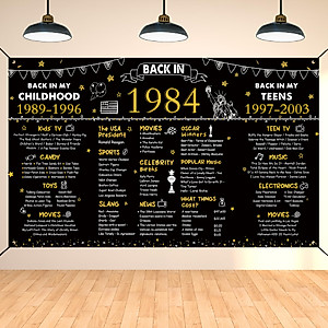 DARUNAXY 40th Birthday Black Gold Party Decoration, Back in 1984 Banner Cheers to 40 Years Old Birthday Party Poster Supplies, 6 * 3.6FT Vintage 1984 Backdrop Photography Background for Men and Women