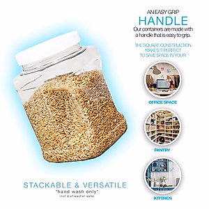 Plastic Jars (32 Fl Ounce - 6 Pack) Square Grip Handle | Clear PET Empty Jar Container Sets with Ribbed White Airtight Lid | Food Storage, Supplies, Snacks, Detergent, Kitchen & Household Storage