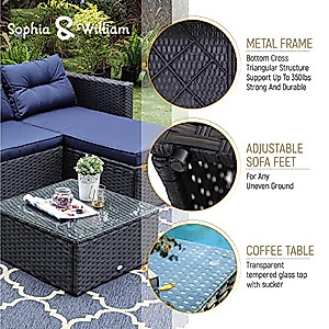 Sophia & William Patio Furniture Sectional Sofa with Gas Fire Pit Table All-Weather Wicker Rattan Outdoor Conversation Sets W/Coffee Table, CSA Approved 28-Inch 50,000BTU Propane Fire Pit (Navy Blue)