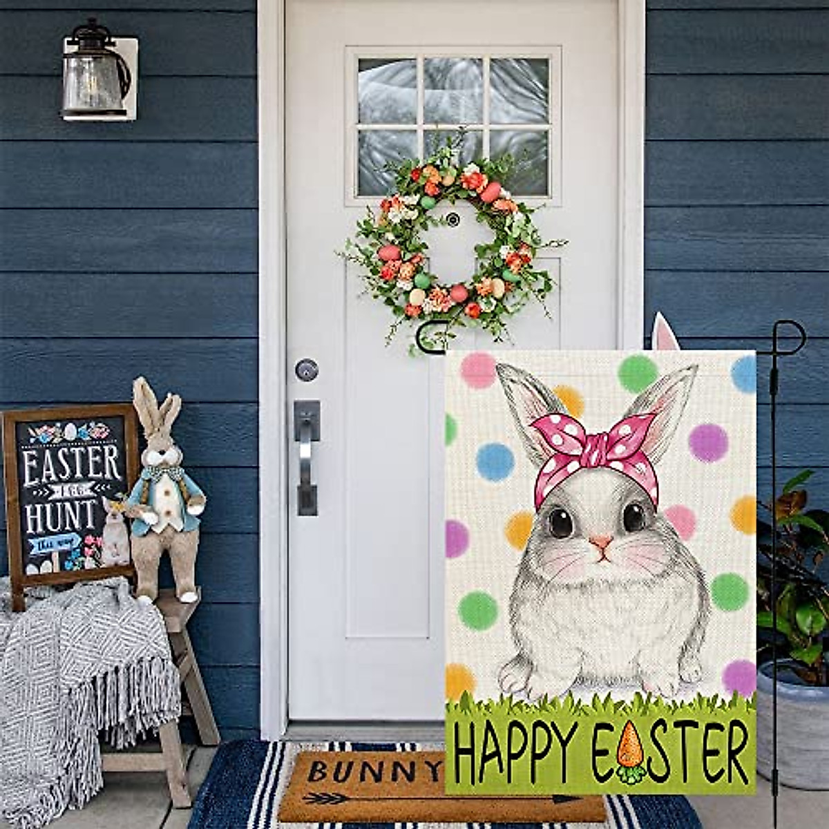 CROWNED BEAUTY Happy Easter Bunny Garden Flag 12x18 Inch Double Sided for Outside Burlap Small Polka Dots Yard Holiday Decoration CF705-12