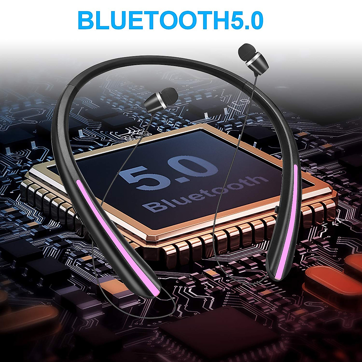 Bluetooth Headphones,Retractable Wireless Earbuds Neckband Headset Sports Noise Cancelling Stereo Earphones with Mic 24 Hrs Playtime Call Vibrate Alert(2020 Upgrade) (Black/Pink)