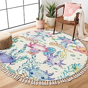 Round Rugs Watercolor Cute Axolotl Characters Boho Area Rug Linen and Cotton Carpet Meditation Rug Washable Hallway Runner Mat Accent Rug for Bedroom Nursery Kids Room 6ft