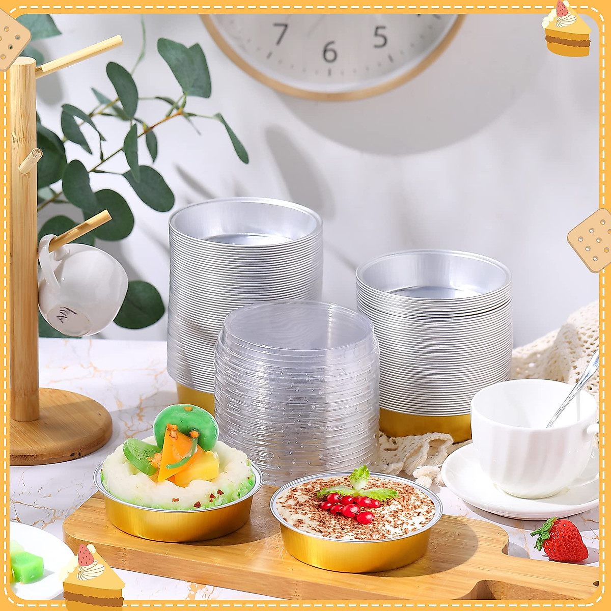 120 Pcs Disposable Ramekins with Lids, 8 oz Mini Pie Tins Mini Pie Pans 4 Inch Creme Brulee Ramekins Mini Cake Pans Aluminum Foil Pie Container Tin Tart Pans for Party Oven Baking(Gold)