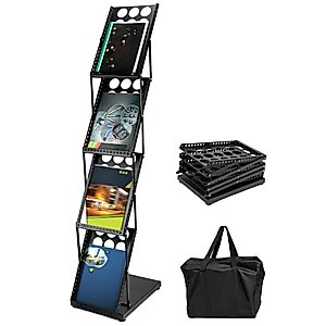 QWORK Magazine Brochure Display Rack Stand, 4 Pocket Foldable Literature Catalog Rack Book Holder Tradeshow Display Stand, for Office Store and Exhibition Trade Show (Black)