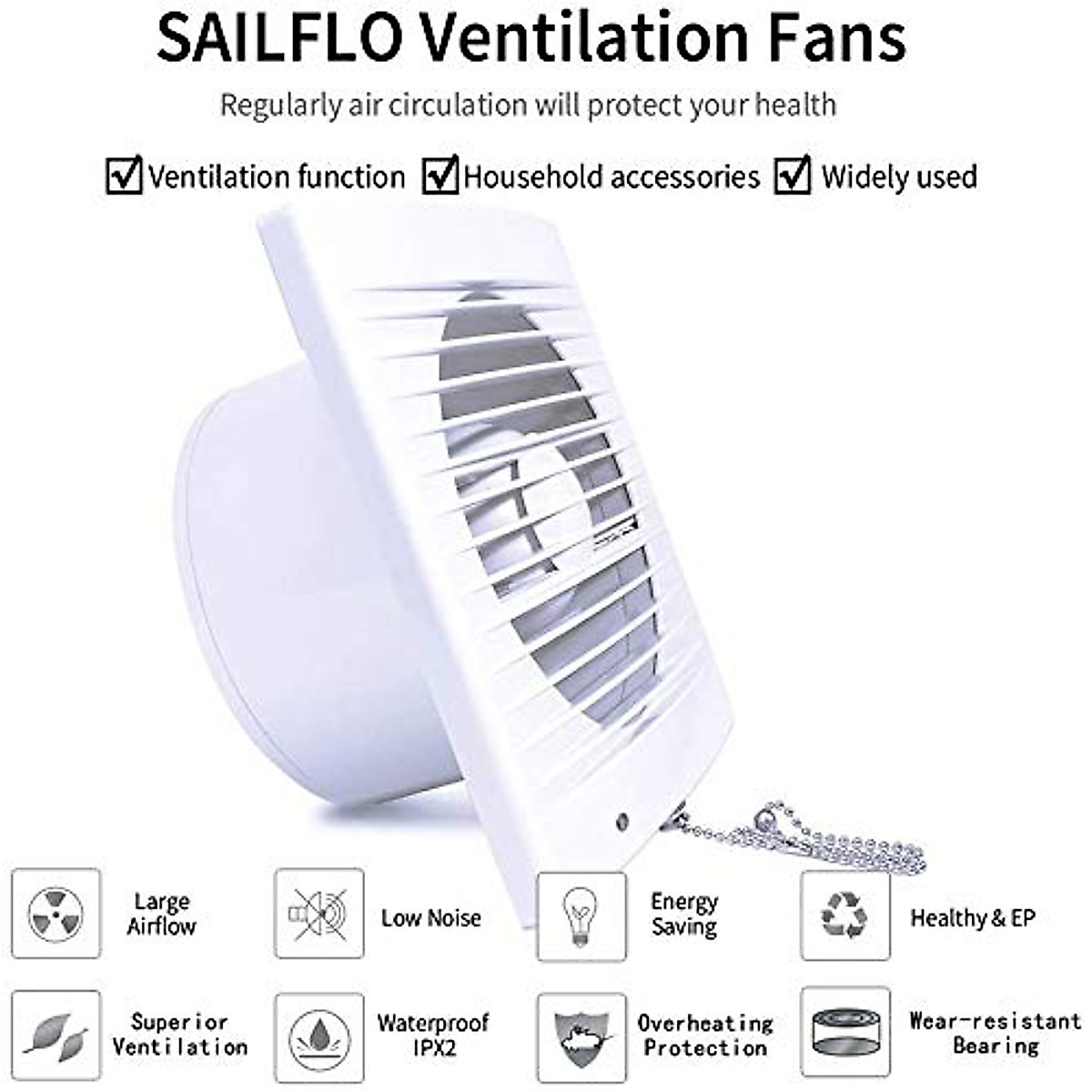 SAILFLO 6 Inch Wall-Mounted Exhaust Fan, 18W Ventilation Extractor with Anti-backflow Check Valve Chain Switch for Window Duct Glass Grow Tent Bathroom Vents - 8"×8" Grid Panel - Small Size