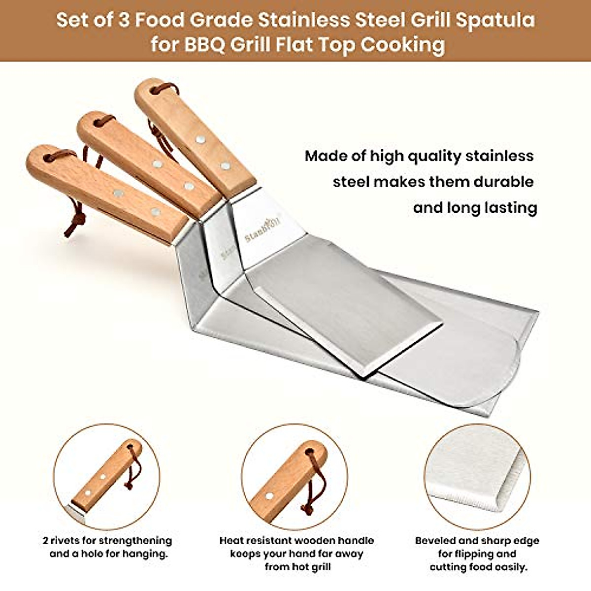 Stanbroil Griddle Accessories Spatula Tools for Blackstone and Camp Chef Griddle, Set of 3 Stainless Steel Griddle Tools for Blackstone and Camp Chef Flat Top BBQ Cooking Camping