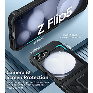 FNTCASE for Samsung Galaxy Z-Flip5 Case: Military Grade Protection Shockproof Cell Phone Cover with Built-in Screen Protector & Kickstand | Protective Rugged Armor Case for Z Flip 5 (2023) - Black
