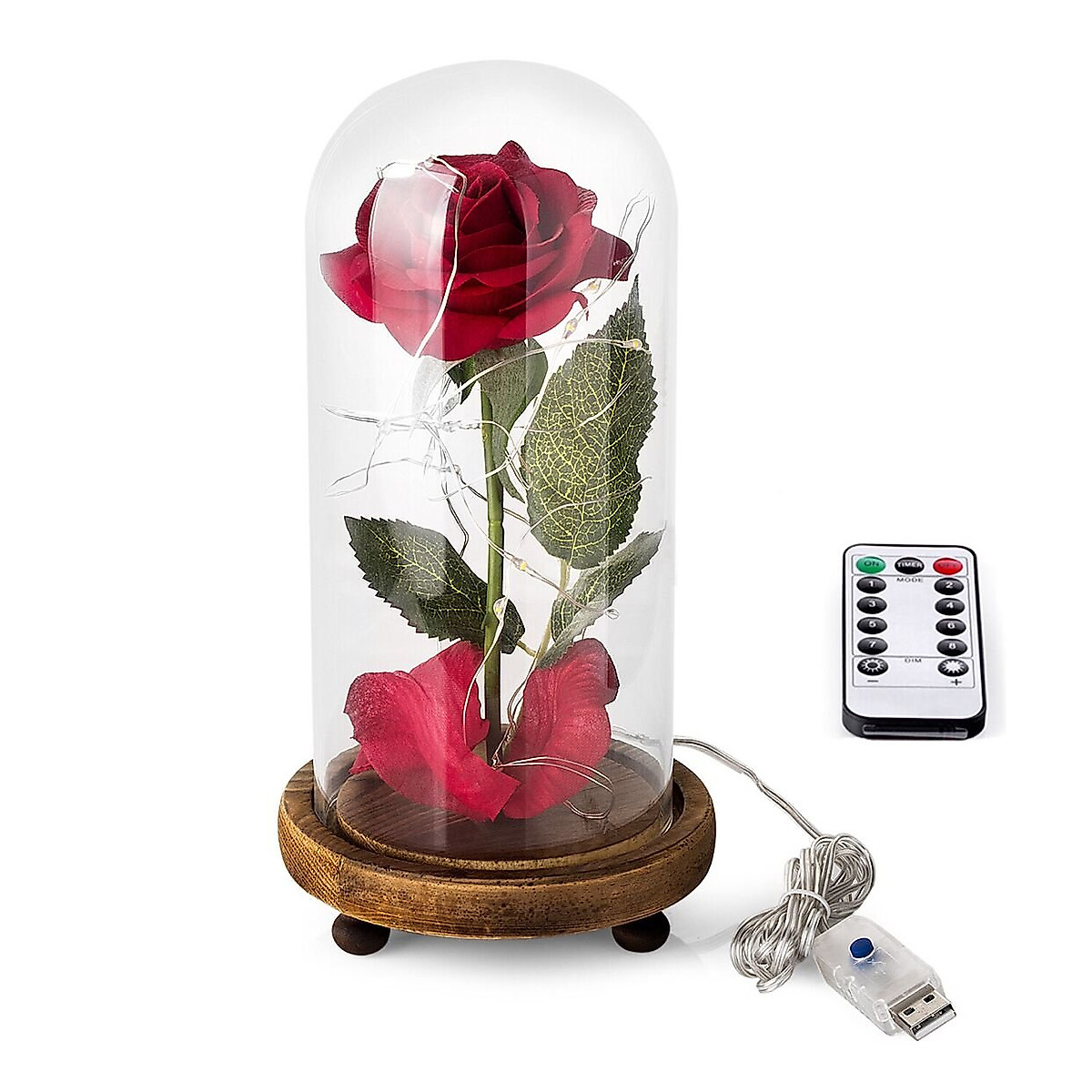 "Beauty and the Beast" Rose Kit, Red Silk Rose and Led Light with Fallen Petals in Glass Dome on Wooden Base for Home Decor Holiday Party Wedding Anniversary