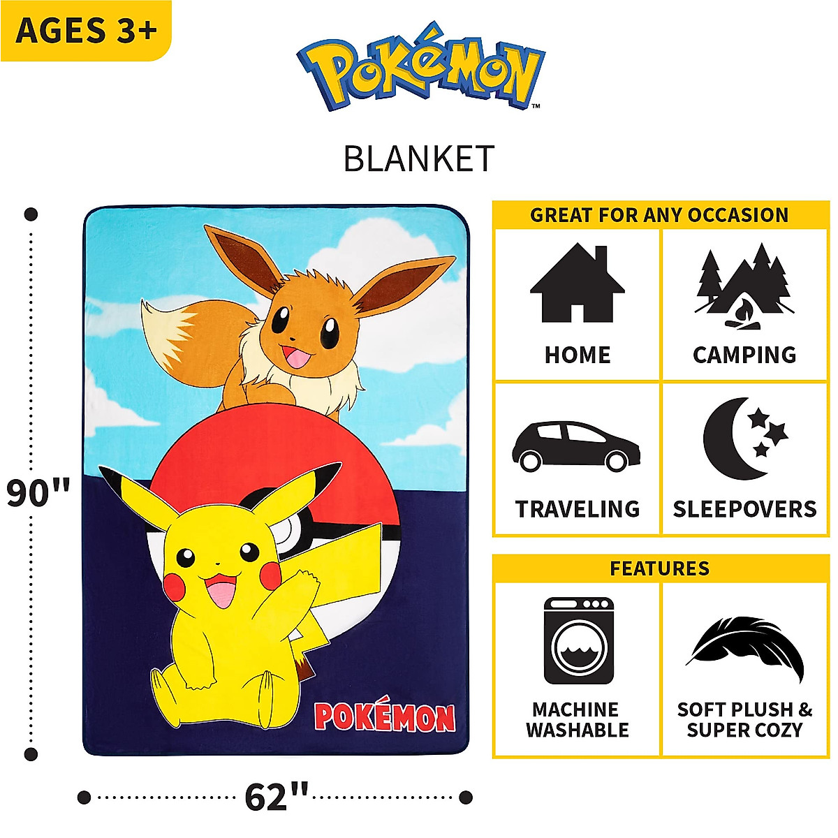 Franco Kids Bedding Super Soft Plush Micro Raschel Blanket, 62 in x 90 in, Pokemon - Design may vary
