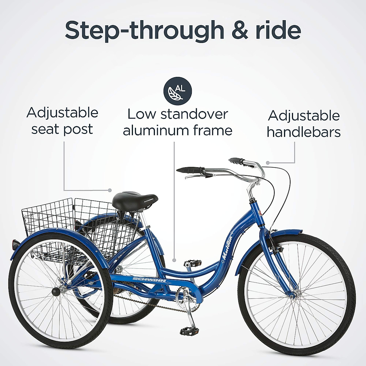 Schwinn Meridian Adult Tricycle Bike, Mens and Womens Three Wheel Beach Cruiser, 26-Inch Wheels, Low Step-Through Frame, Wide Seat, Rear Folding Basket, 1-Speed, Blue