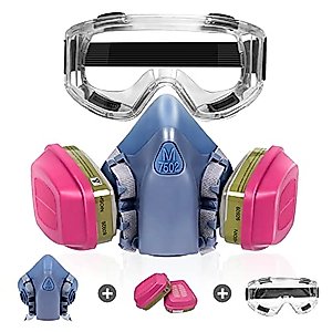 Reusable Respirator Mask with Filters - Gas Mask with Anti-Fog Safety Goggles - Half Face Respirator Mask for Chemicals Spray Paint Epoxy Resin Welding Dust Construction Sanding Woodworking Painters