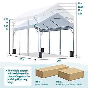 ADVANCE OUTDOOR Adjustable 10x20 ft Carport Heavy Duty Car Canopy Garage Party Tent Outdoor Boat Shelter, with 8 Reinforced Poles and 4 Weight Bags, Adjustable Height from 9.5 ft to 11 ft, White