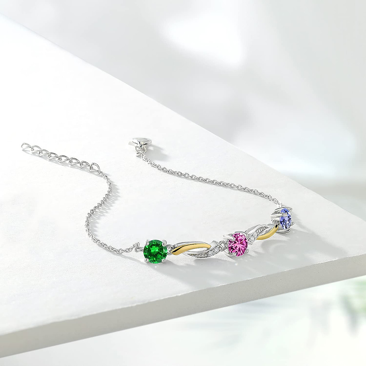 Gem Stone King 925 Sterling Silver and 10K Yellow Gold Customized and Personalized 3 Gemstone Birthstones and White Lab Grown Diamond 7 Inch Tennis Bracelet For Women with 1 Inch Extender