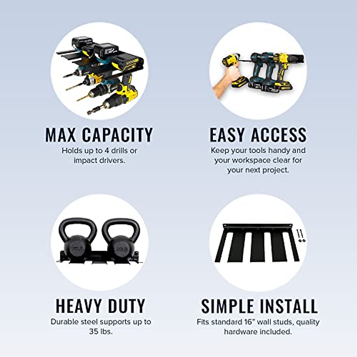StoreYourBoard Electric Drill Storage Rack, Holds 4 Drills, Hanging Wall Mounted Organizer for Garage, Home, Workshop, Shed