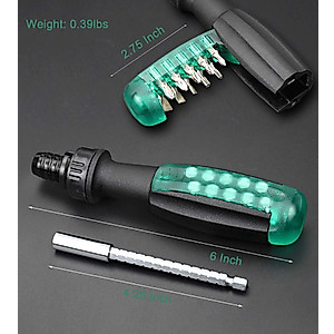 Deselen Ratcheting Screwdriver with Magnetic Bit Ratchet, Multi Bit Set, 11 in 1 Screwdriver Small Pocket Stubby Design, 1 Pack All in One Screwdriver(Green)