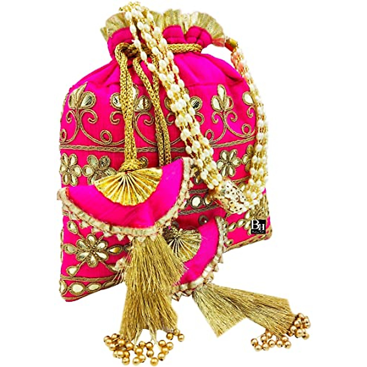 Bombay Haat Ethnic Indian Designer Silk Potli Bag Purse Evening Bag Clutch Purse for Wedding Party Cocktail Prom Gifting (Hot Pink)