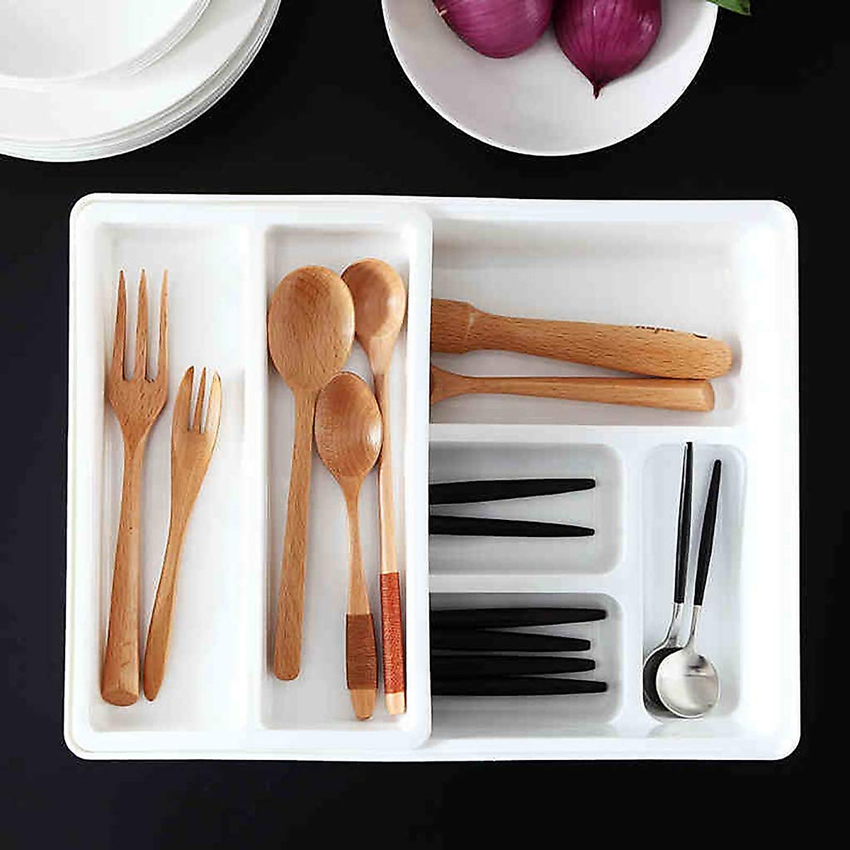 Storage rack plastic cutlery tray for separating kitchen drawers, 31.2×23.9×6.6cm