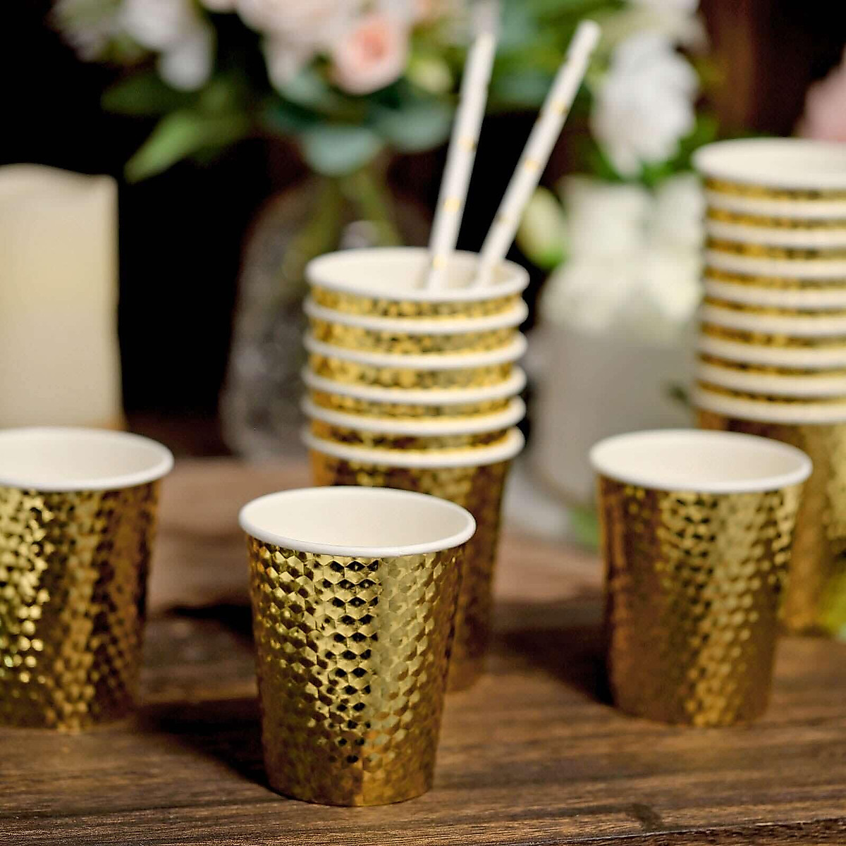 Tableclothsfactory 24 Pack | 9oz Gold Foil Honeycomb Paper Cups, Disposable Tableware