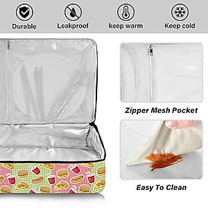 Kcldeci Insulated Thermal Food Carrier Insulated Casserole Carrier for Hot or Cold Food,Cartoon Pizza Burgers and Hot Dogs Insulated Tote Bag for Potluck Cookouts Parties Picnic,Lasagna Lugger