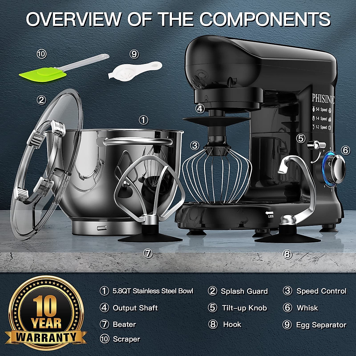 PHISINIC Stand Mixer, 5.8Qt Small Electric Food Mixer, 660W 6-Speed Tilt-Head Household Stand Mixer, Portable Lightweight Kitchen Mixer for Daily Use with Egg Whisk, Dough Hook,and Flat Beater