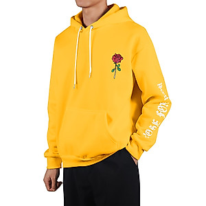ZAFUL Men's Fleece Hoodie Unisex Rose Letter Print Hooded Pullover Kangaroo Pocket Sweatshirt Yellow XL