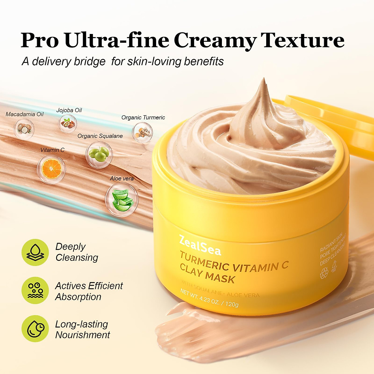 ZealSea Vitamin C American Kaolin Clay Mask with Turmeric, Pro Ultra-Fine Creamy Texture, Deep Pore Cleansing Even Skin Tone Brighten Control Oil Detoxify, 30% Aloe, Jojoba Oil, Shea Butter & Squalane