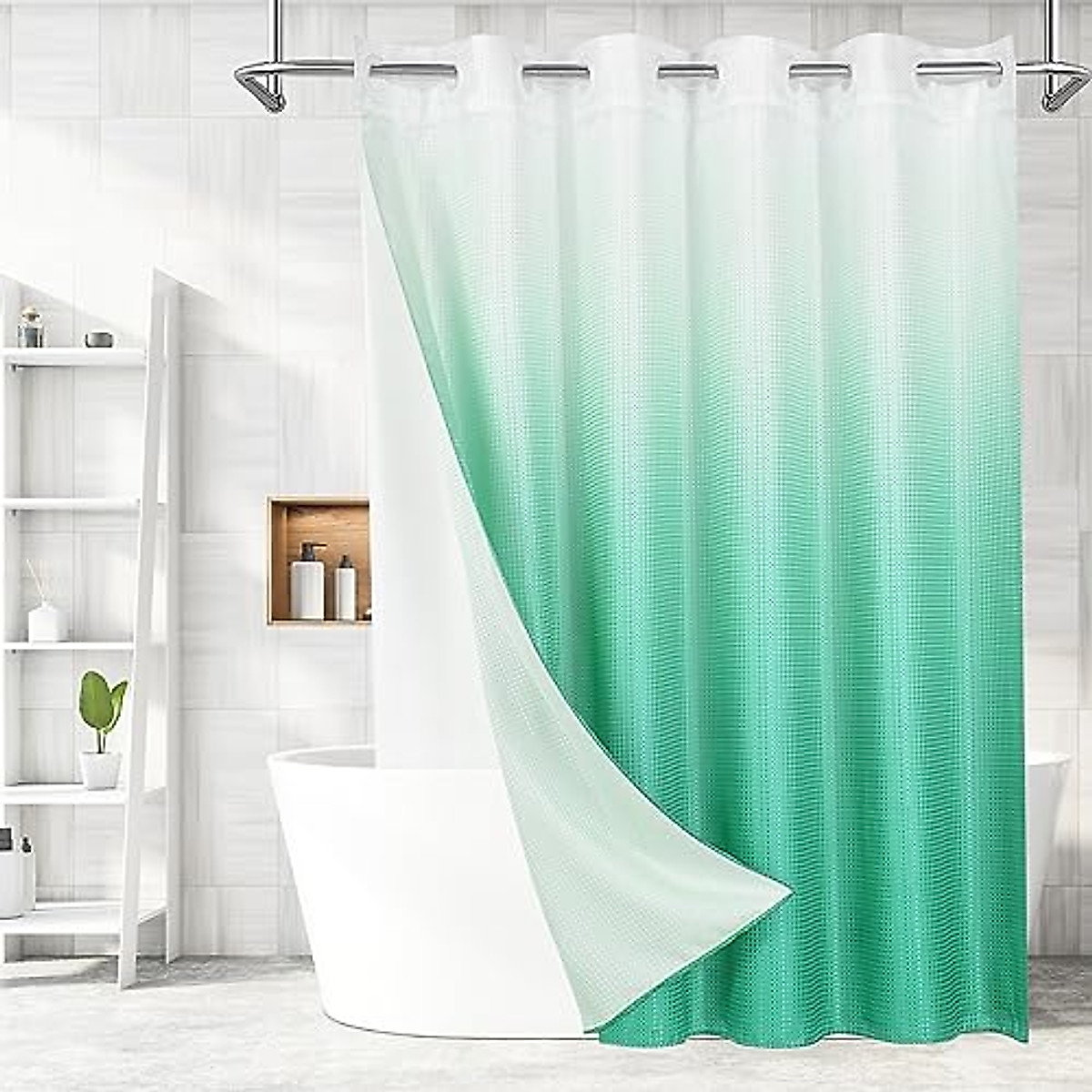 MitoVilla No Hooks Needed Teal Ombre Shower Curtain with Snap-in Liner, Turquoise Modern Waffle Weave Heavy Duty Fabric Cloth Shower Curtain for Luxury Neutral Hotel Spa Bathroom Decor, 72 x 74