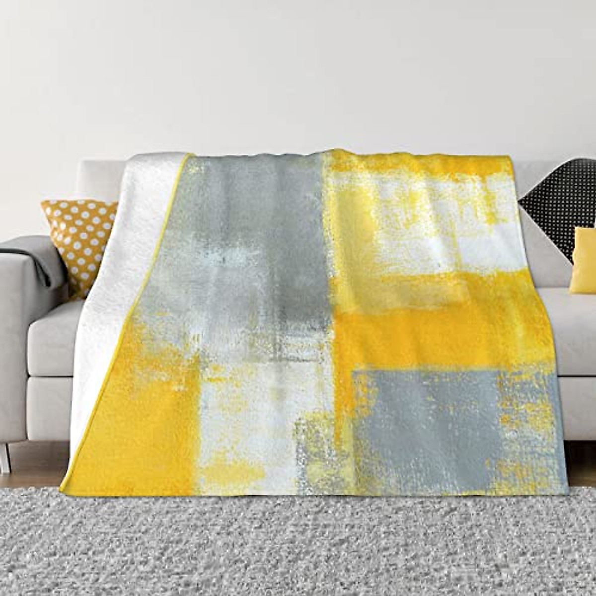 Yellow Grey Abstract Soft Flannel Fleece Blanket Breathable Throw Blanket Halloween Chirstmas Days Rustic Cozy Blanket for Couch Sofa Bed Living Room Suitable for All Season 50x60 inch