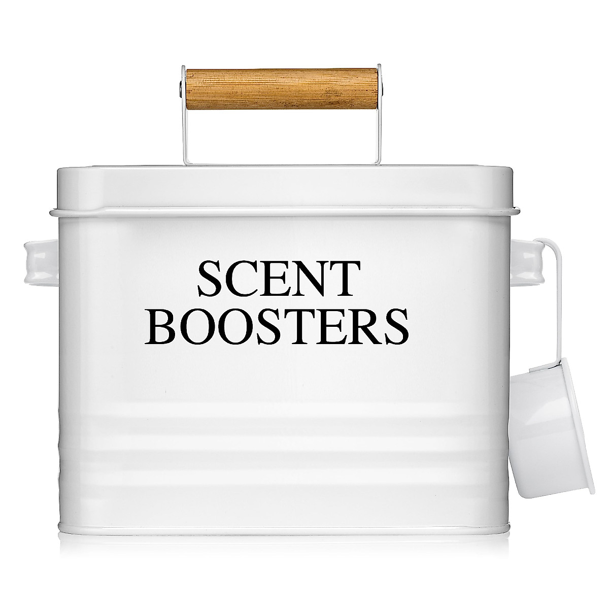 Calindiana Modern Farmhouse Metal Laundry Scent Booster Beads Dispenser Container with Scoop for Laundry Room Decor and Accessories and Space Saving Laundry Room Organization and Storage, White