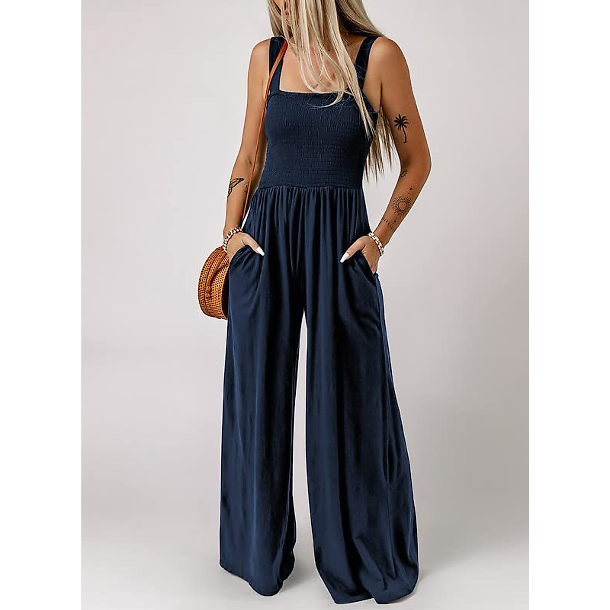 Dokotoo Womens Overalls Blue Jumpsuits for Women Casual Loose Fit Solid Color Wide Leg One Piece Sleeveless Jumpsuit Long Pant Rompers with Pockets Medium