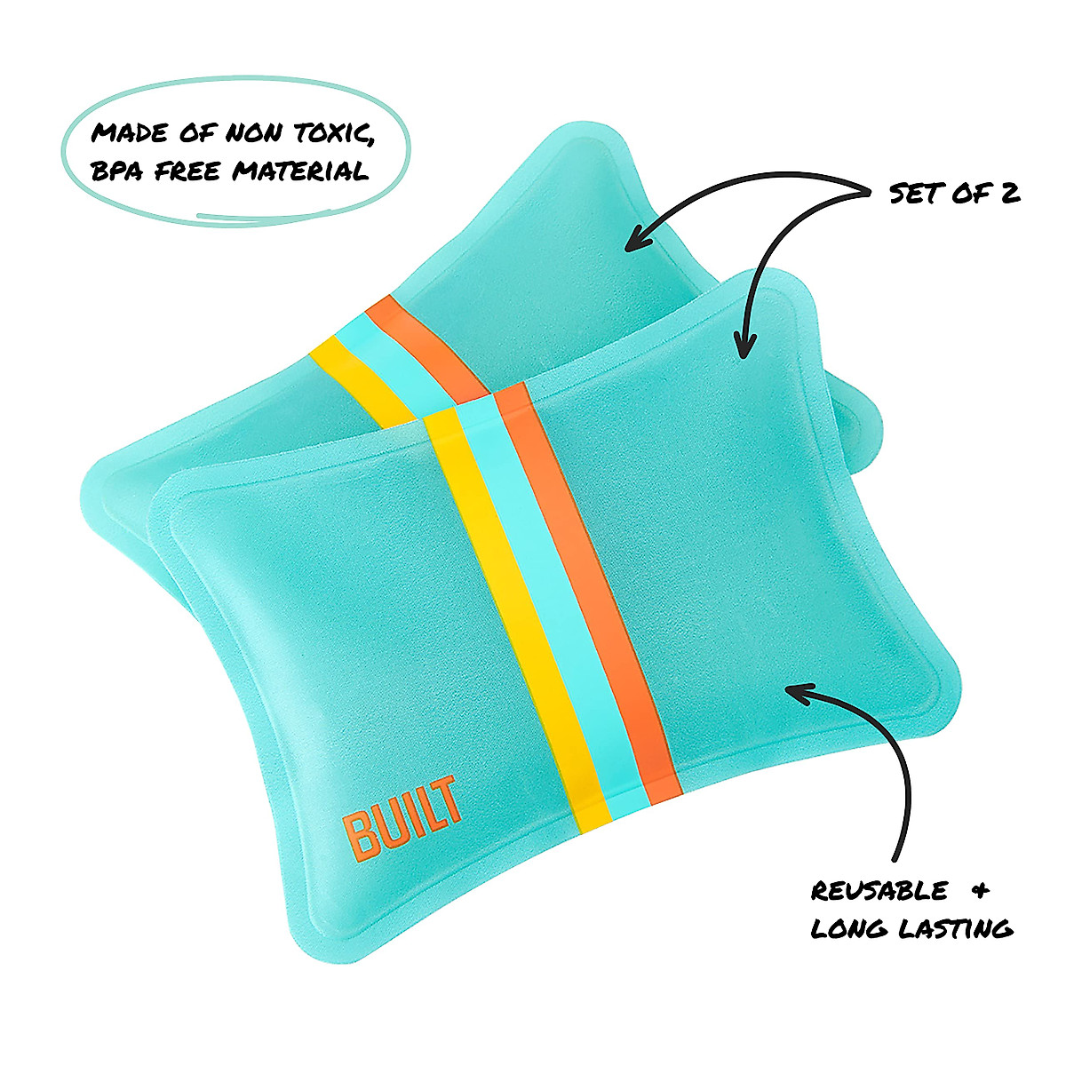BUILT Curve Soft Ice Packs Set of 2, Freezable, Reusable, Slim, Long-Lasting, for Lunch Bags, Blue Cockatoo with Stripes